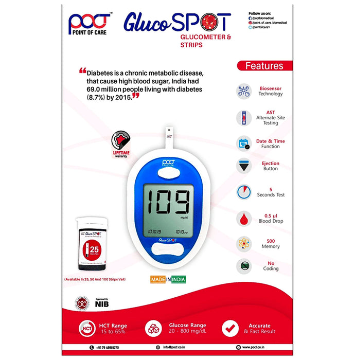 POCT GlucoSPOT Glucometer with 25 Test Strip – Classic Derma
